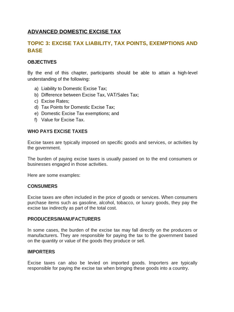 Excise Tax Liability, Tax Point, Exemptions and Base | PDF | Taxes | Excise