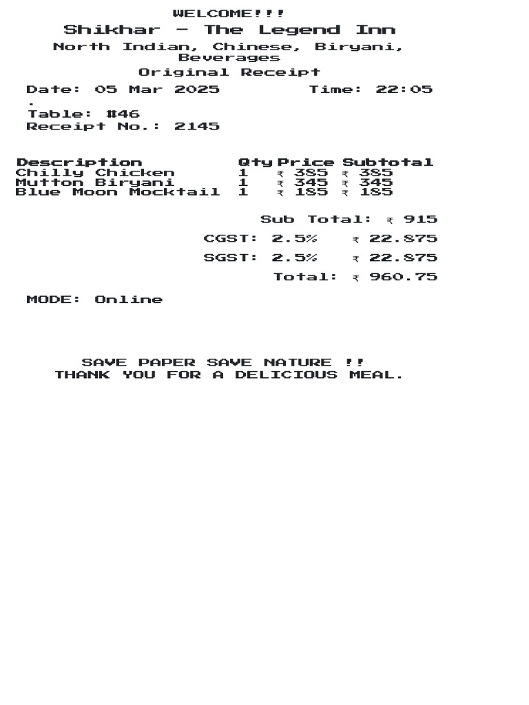 Restaurant Bill Template 1 | PDF