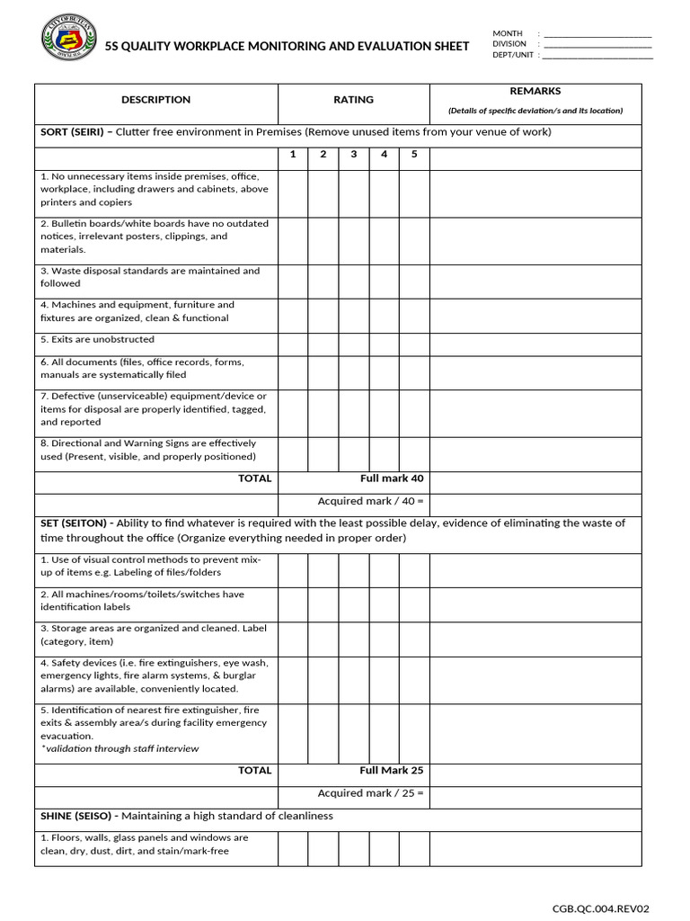 5S Quality Workplace Office Checklist | PDF | Waste Management