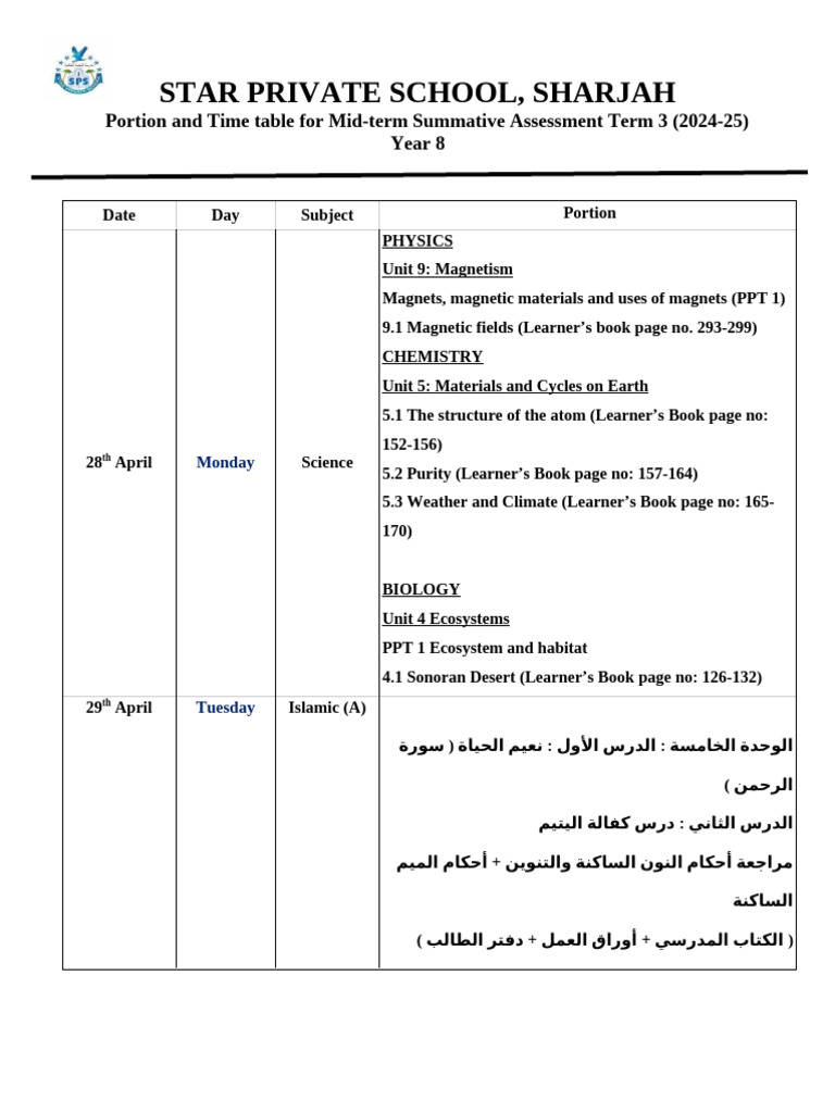 Year 8 Time Table and Portion For Mid Term Summative Assessment Term 3 ...