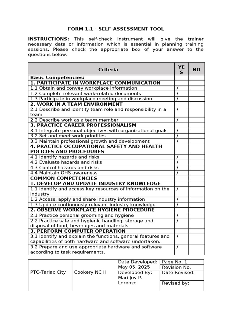 FORM 1.1 (Self Assessment Tool) | PDF | Cooking | Desserts