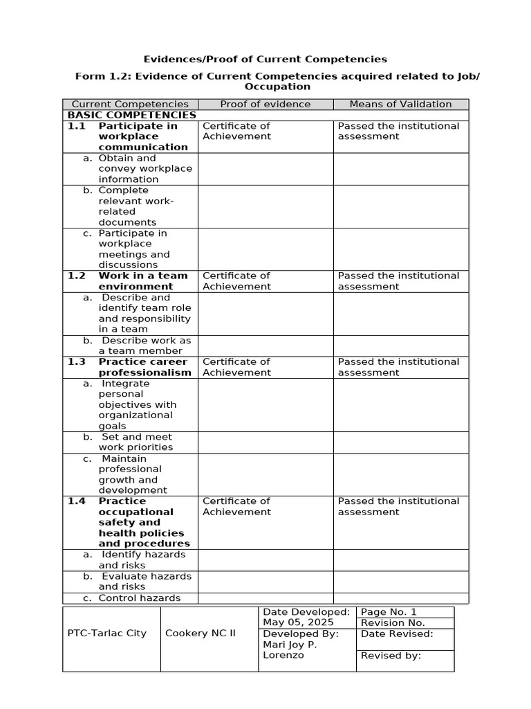 FORM 1.2 (Proof of Current Competencies) | PDF