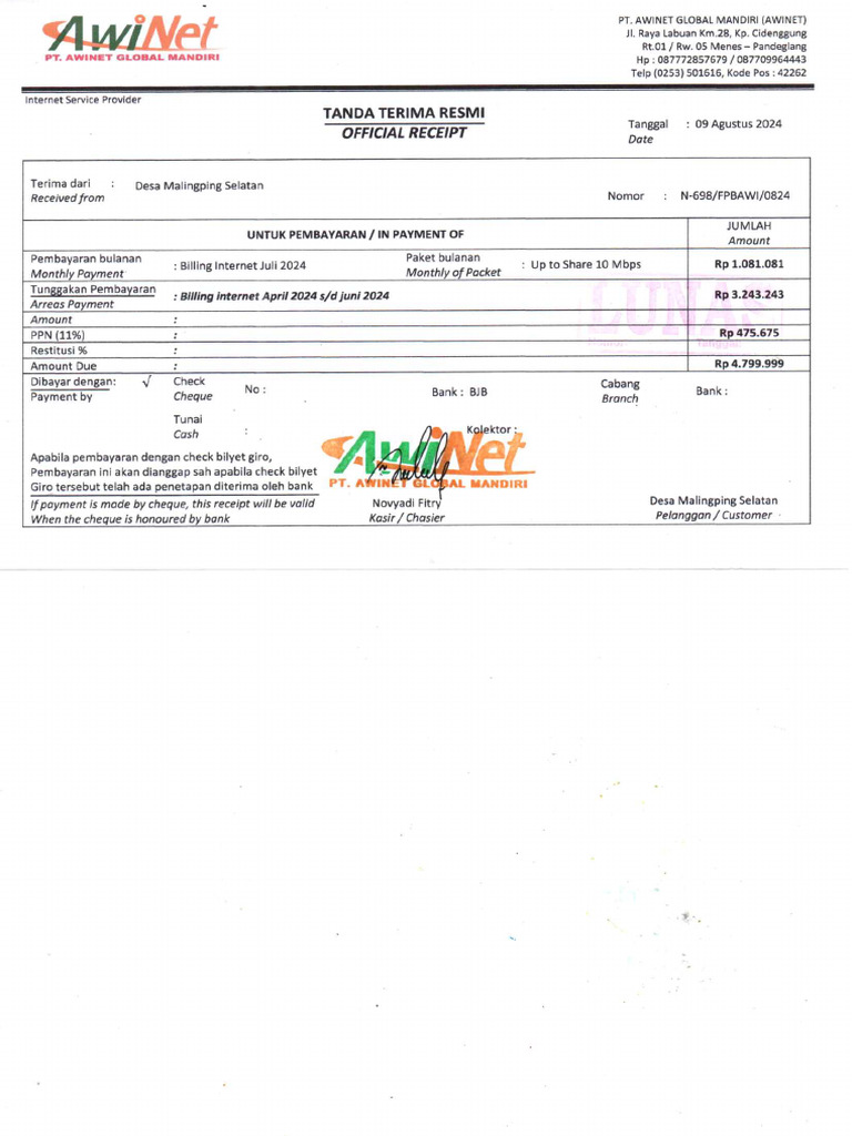 Tanda Terima Pembayaran BLN April SD Juli 2024 Ds Malingping Selatan | PDF