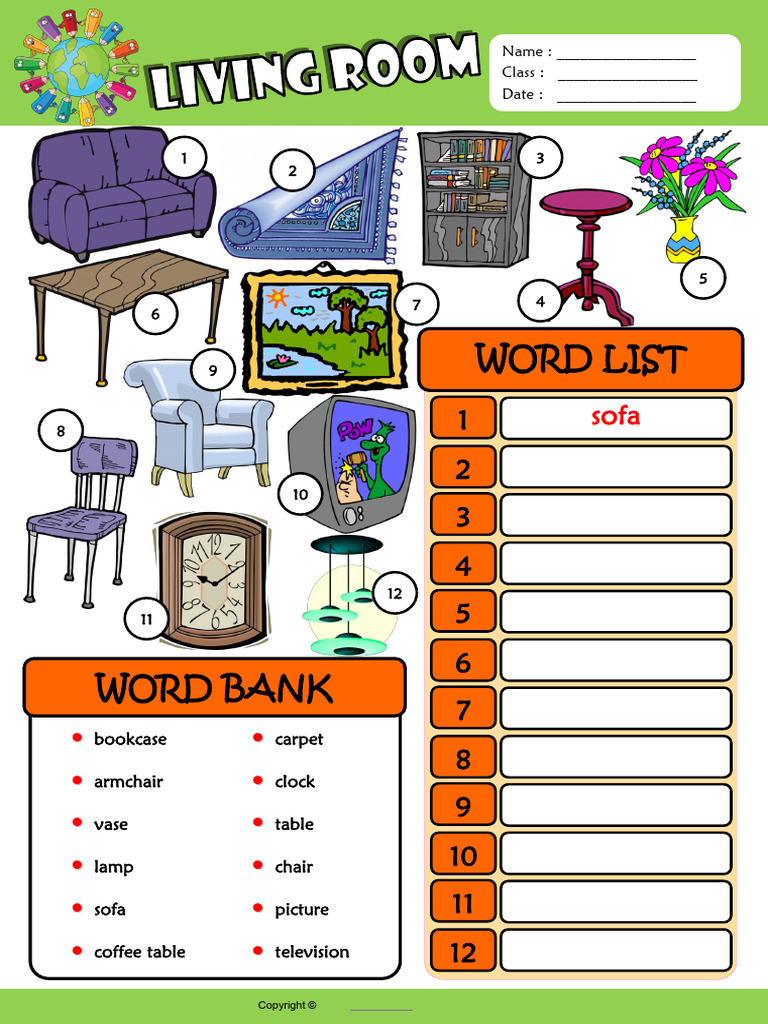 Living Room Esl Vocabulary Find and Write The Words Worksheet For Kids ...