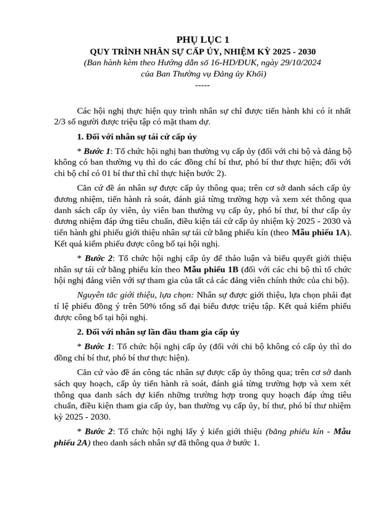 Phu Luc 1 Quy Trinh Nhan Su Cap Uy Co So 2024 HC | PDF