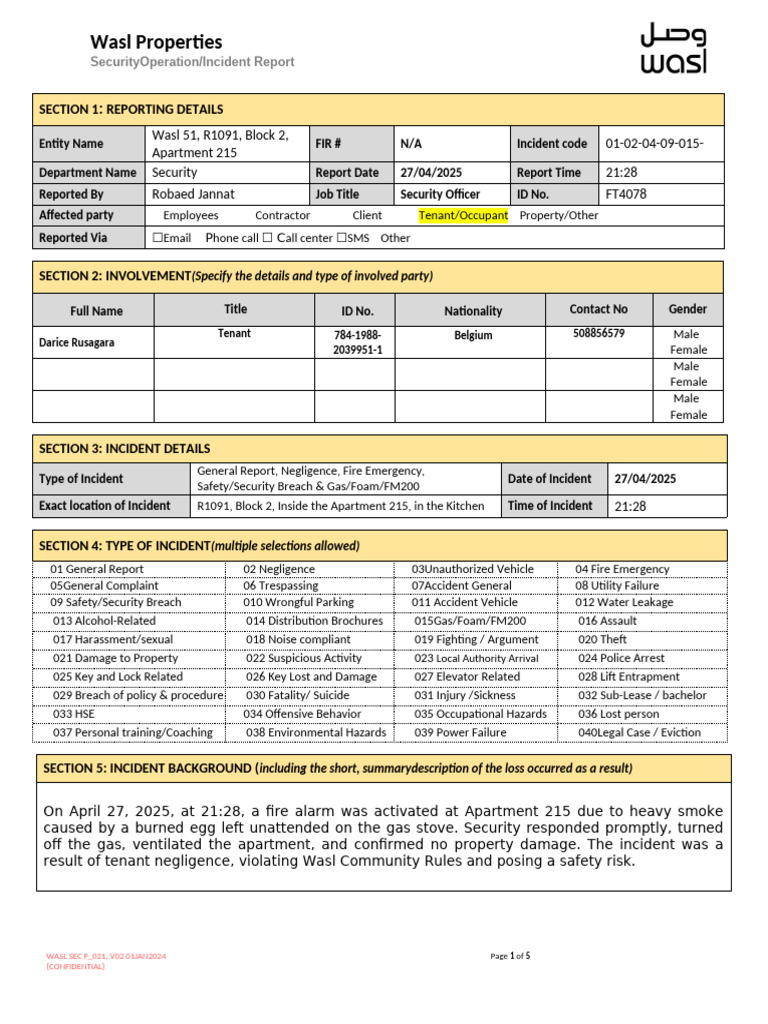 Wasl 51 Incident Report - R1091 - Block 2 - Apartment 215 - General ...