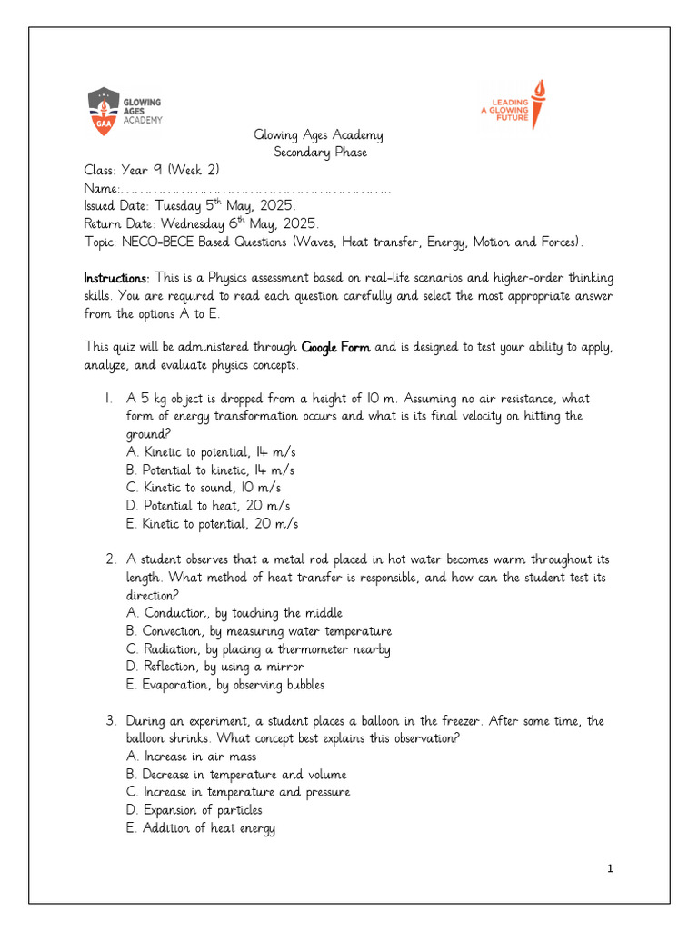 Physics Year 9 Term 3 Week 2 Questions | PDF | Kinetic Energy | Heat