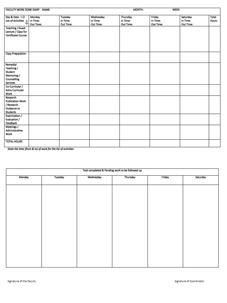 Faculty Work Done Diary Template | PDF