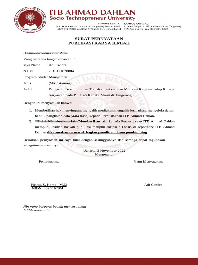 Surat Pernyataan Publikasi Ilmiah | PDF