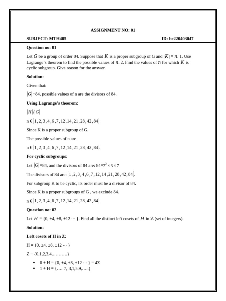 Assignment No | PDF | Group Theory | Abstract Algebra