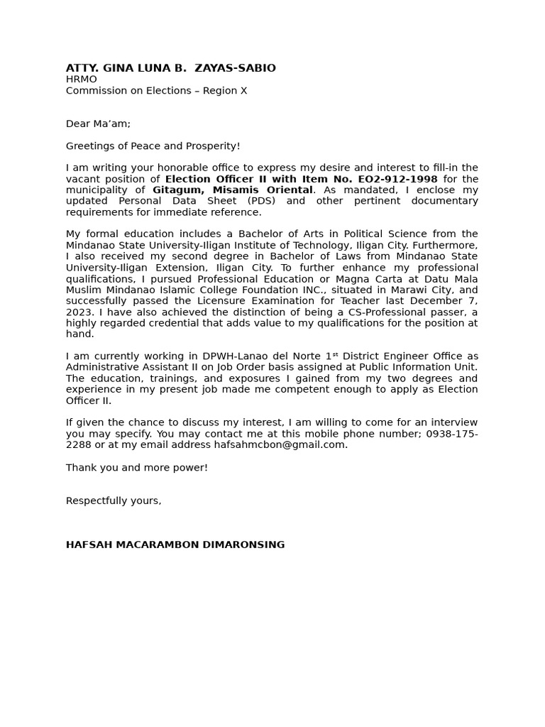 Comelec Region 10 App Letter | PDF