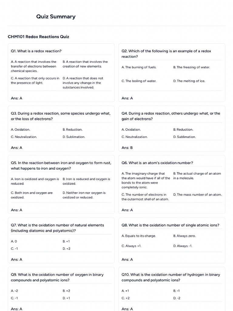 CHM101 Redox Reactions Quiz | PDF