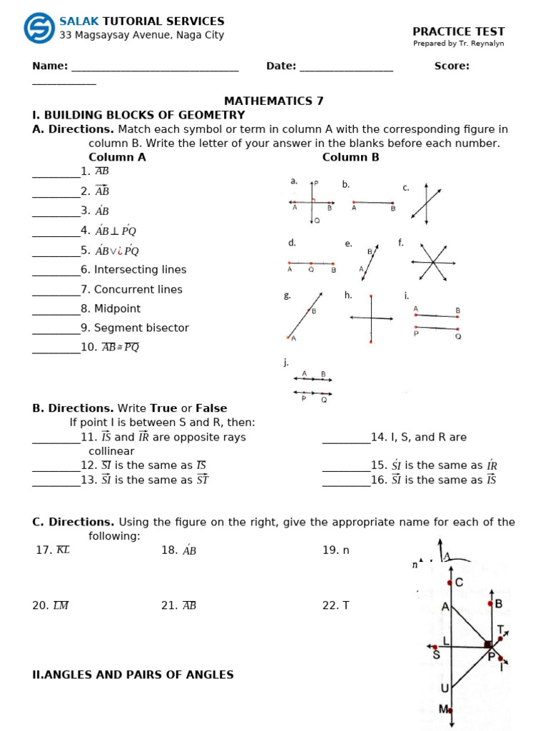 Grade 7 Math Practice Test | PDF | Angle | Line (Geometry)