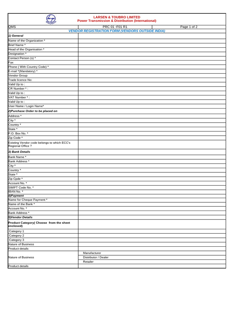 Vendor Registration Form - Rev 1 Format (003) | PDF