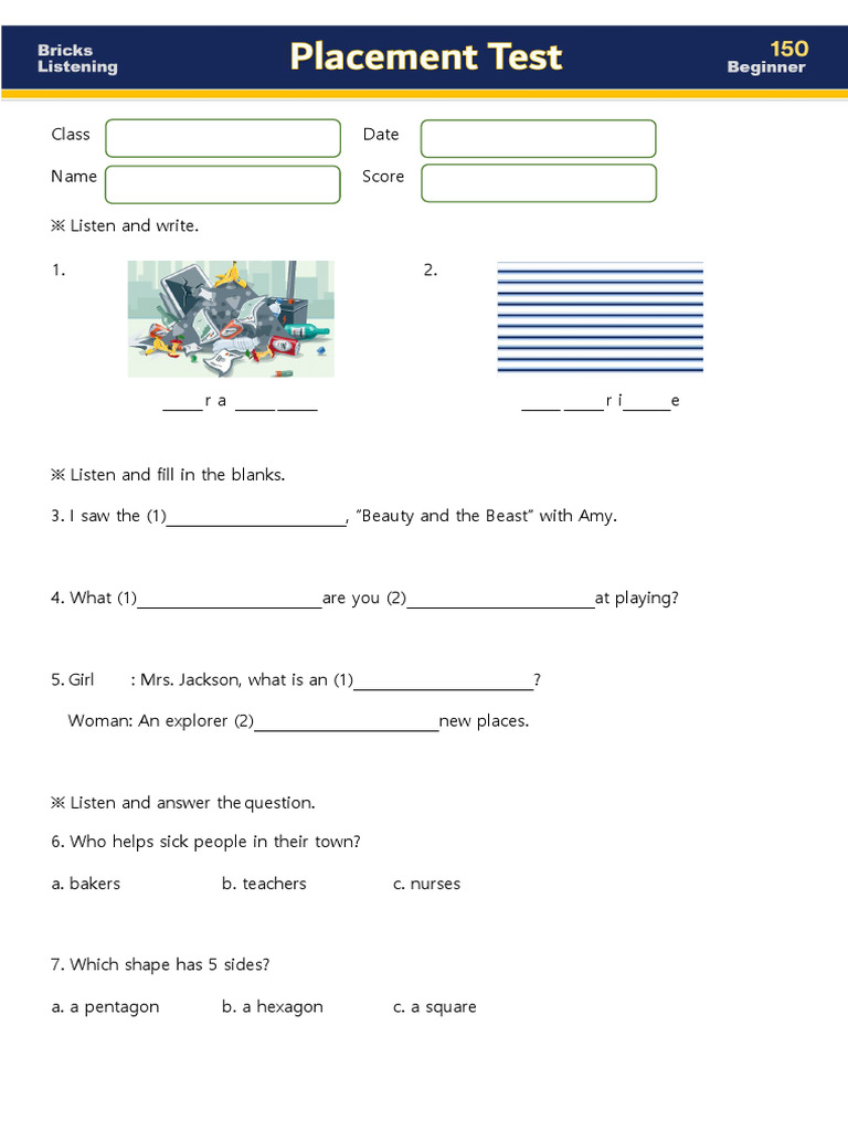 Bricks Listening Beginner 150 - L1 - Placement Test | PDF
