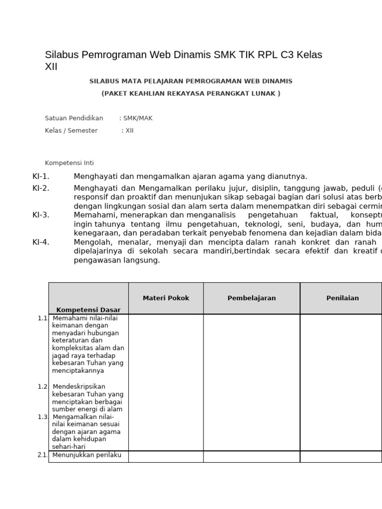 Silabus Pemrograman Web Dinamis SMK TIK RPL C3 Kelas XII | PDF