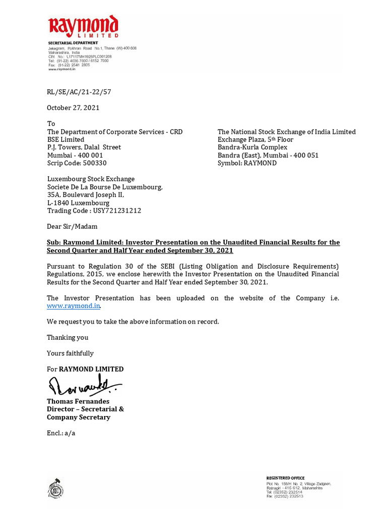 Raymonds Q2 FY22 Presentation | PDF | Textiles | Business