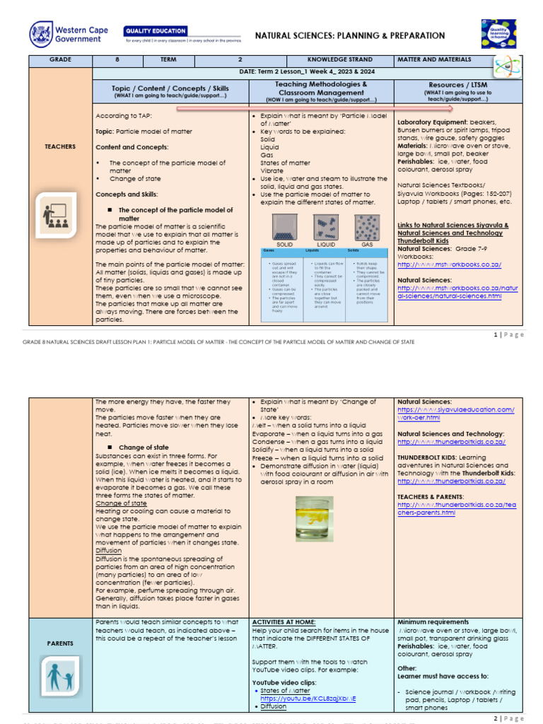 Lesson Plan - 1 Gr. 8 Natural Sciences T2 W4 | PDF | Gases | Liquids