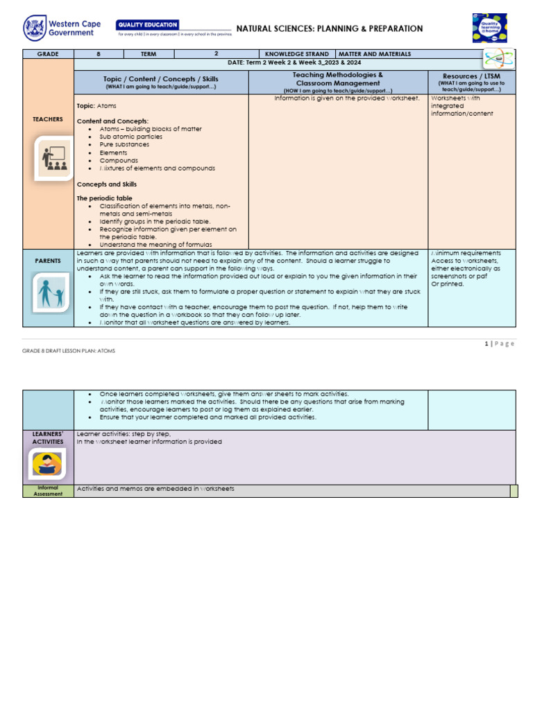 Lesson Plan Gr. 8 Natural Sciences T2 W2 & W3 | PDF | Chemical ...