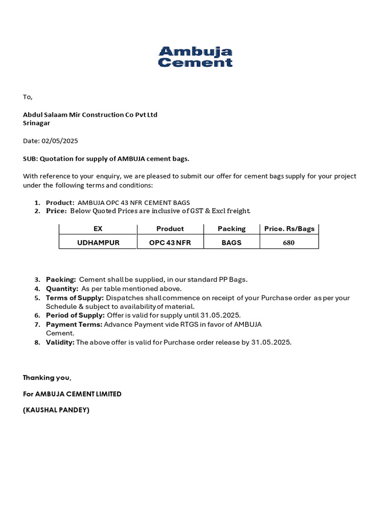 AMBUJA ASM QUOTATION (2) | PDF