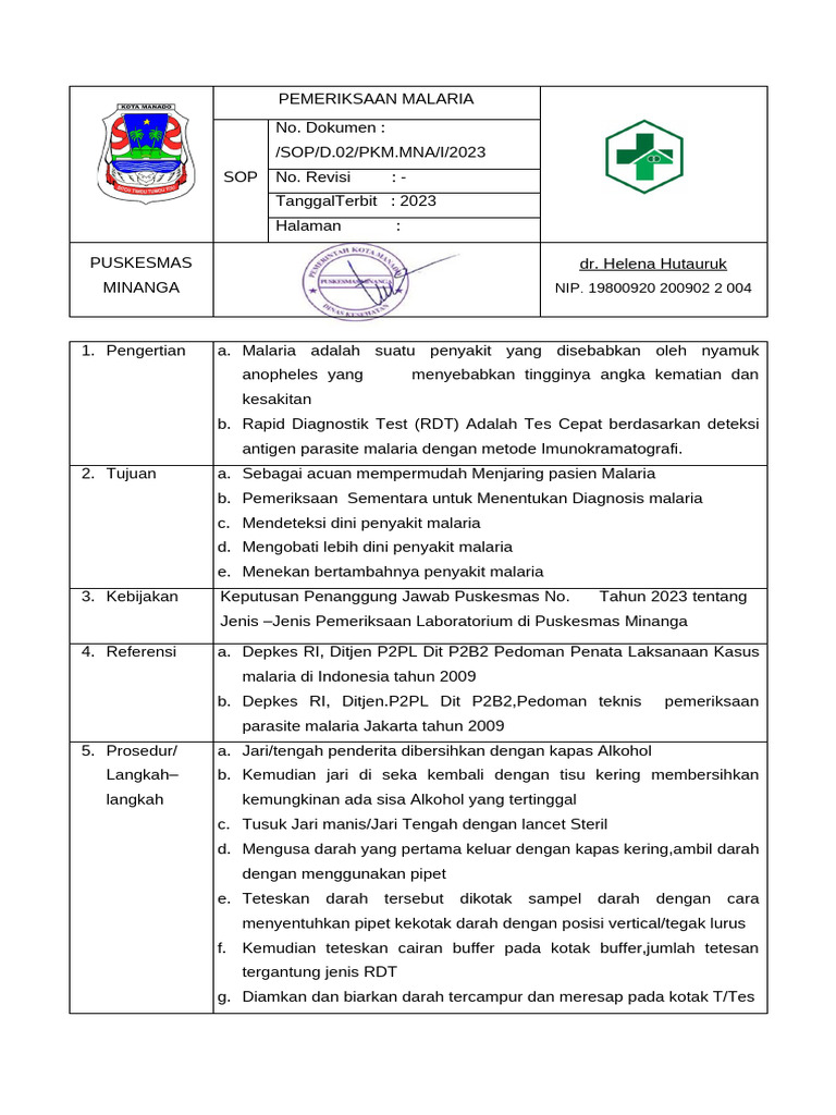 SOP Pemeriksaan Malaria RDT | PDF