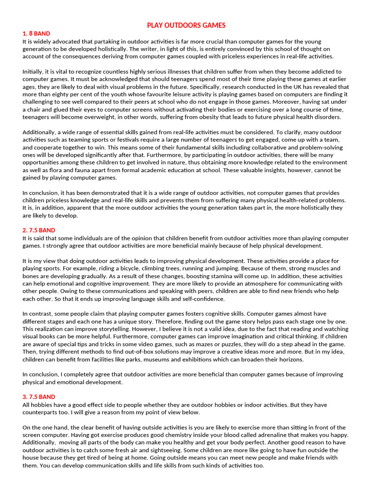 Play Outdoors Games Esay | PDF | Adolescence | Video Games