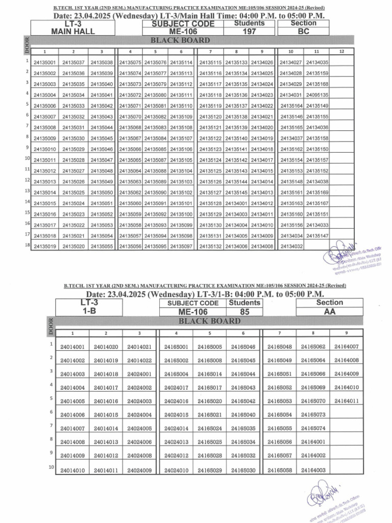 Revised Seating Plan of Me-106 Session 2024-25 | PDF