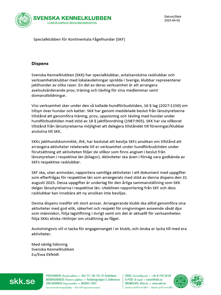 Dispens Löshundsperioden 2025 SKF | PDF