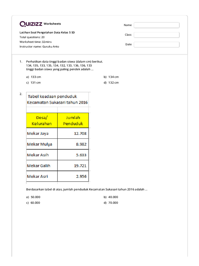 Latihan Soal Pengolahan Data Kelas 5 SD - Quizizz | PDF