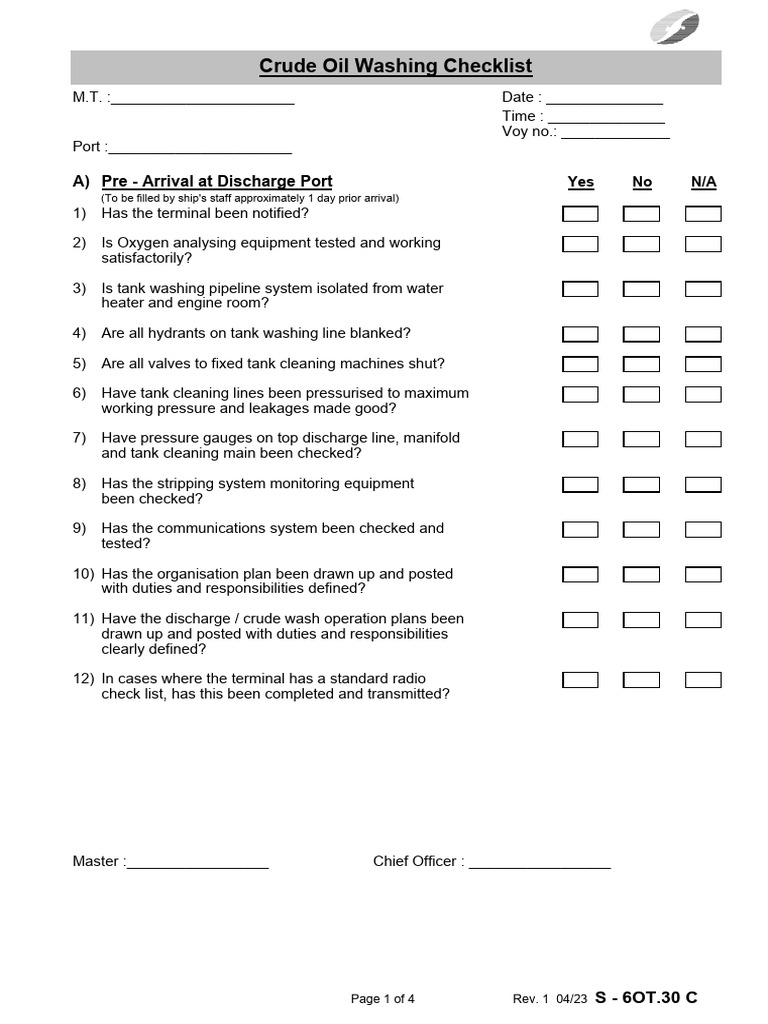 Crude Oil Washing Operations Checklist | PDF | Oil Tanker | Gases