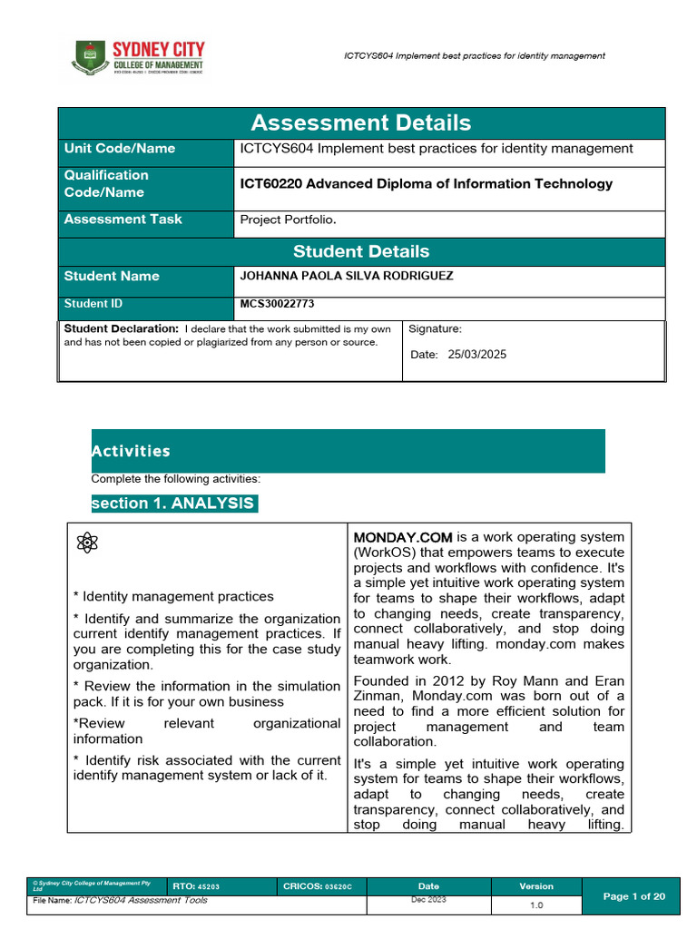 ICTCYS604 Project Portfolio Best Practices Identify Managment JPSR | PDF | Computer Security ...