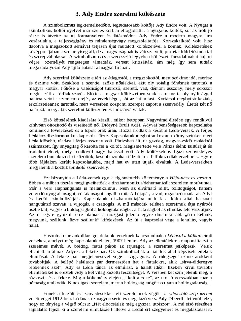 Ady Endre Szerelmi Költészete | PDF