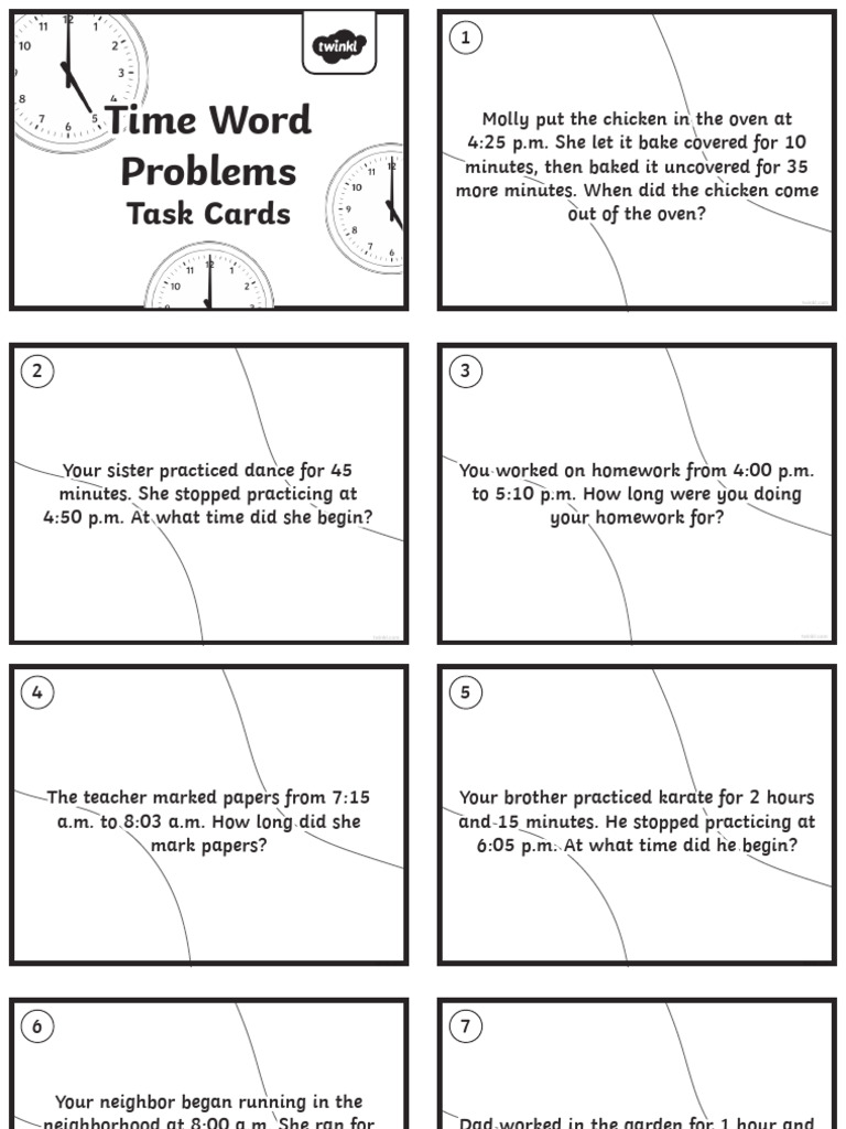 Bw Time Word Problems Math Task Cards Pdf 8671