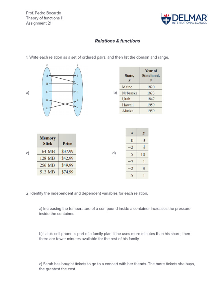Assignment 21: Relations & Functions | PDF