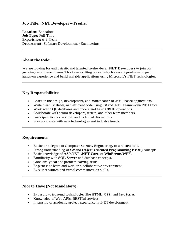 JD - .Net Developer - Fresher - Bangalore. | PDF