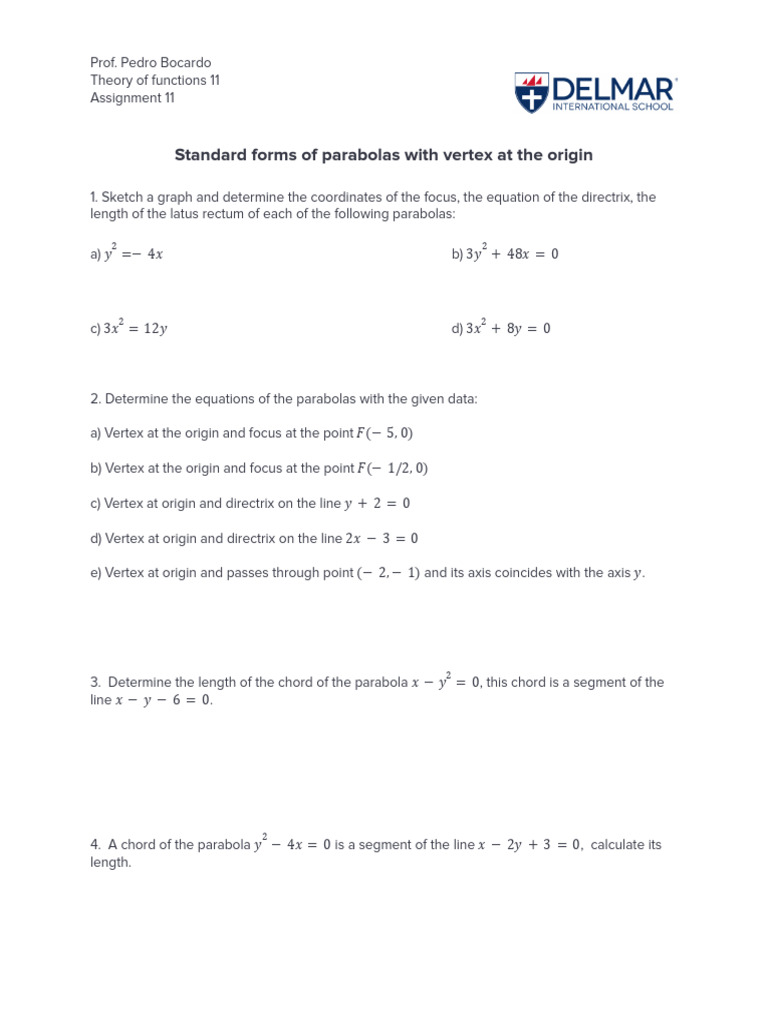 Assignment 11: Standard Forms of Parabolas With Vertex at The Origin | PDF