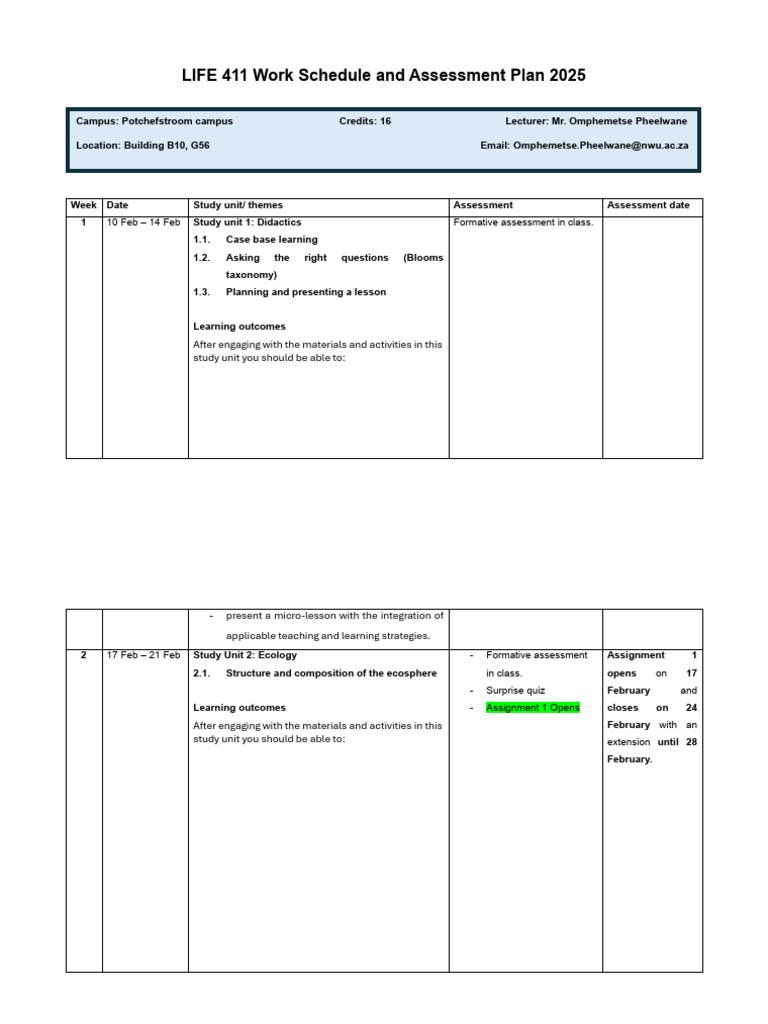 LIFE 411 Schedule & Assessment Plan 2025 | PDF | Ecosystem | Ecology