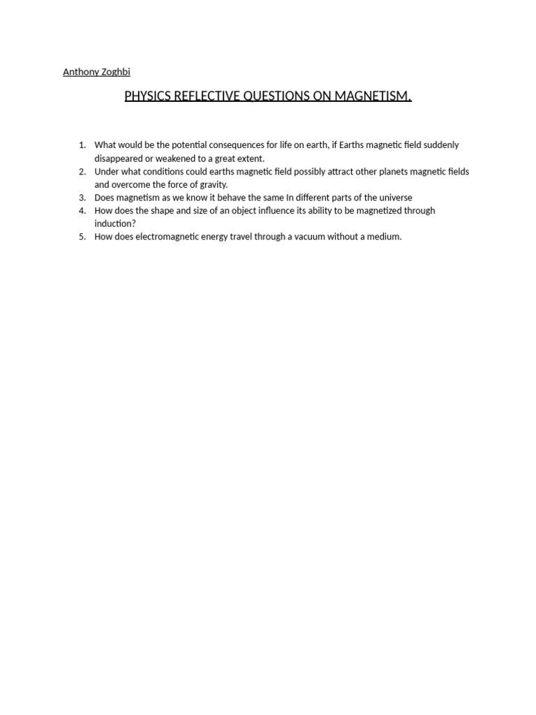 Physics Reflective Questions On Magnetism | PDF
