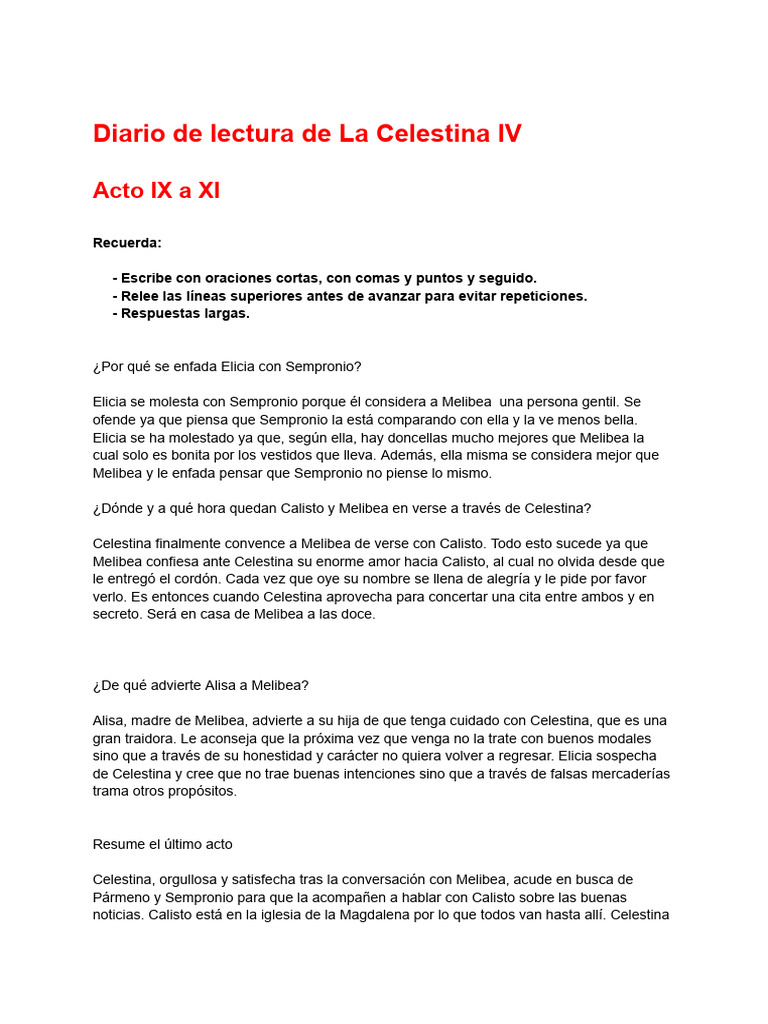 Inés Delgado Carrasco - Diario de Lectura de La Celestina 4 | PDF