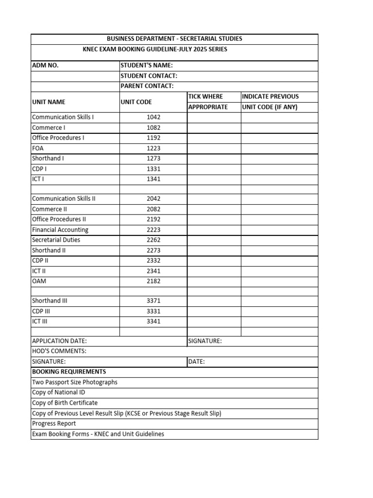 Secretarial - Front Office Booking Form | PDF