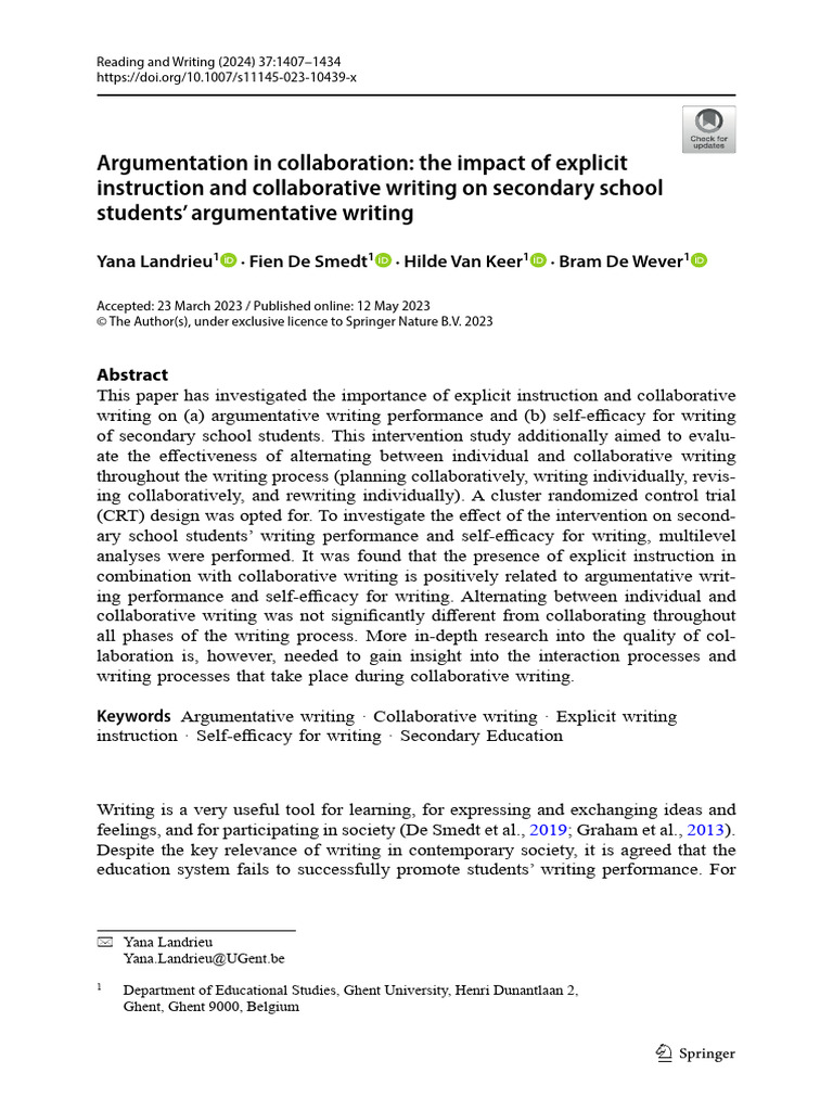 Argumentation in Collaboration: The Impact of Explicit Instruction and Collaborative Writing On ...