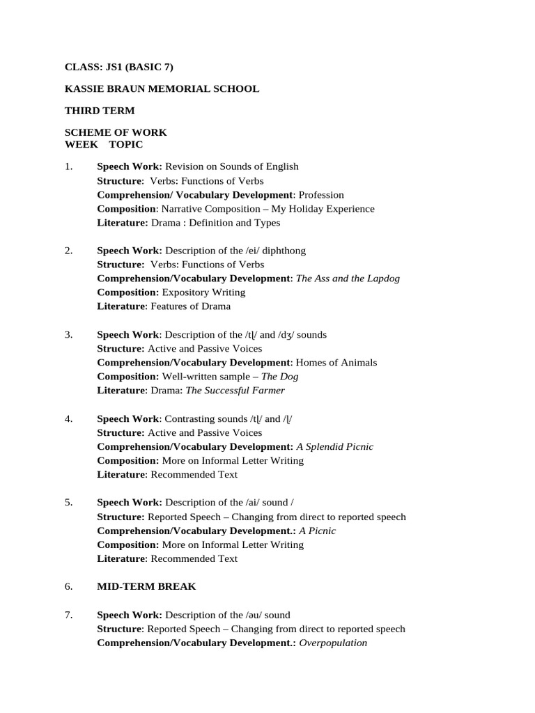 Third Term Scheme of Work - JSS 1 | PDF