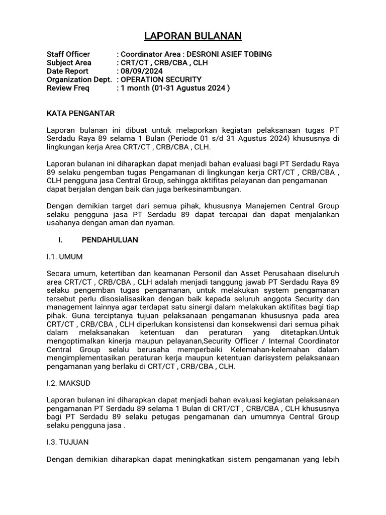 Laporan Bulanan August 24 Korlap Central | PDF