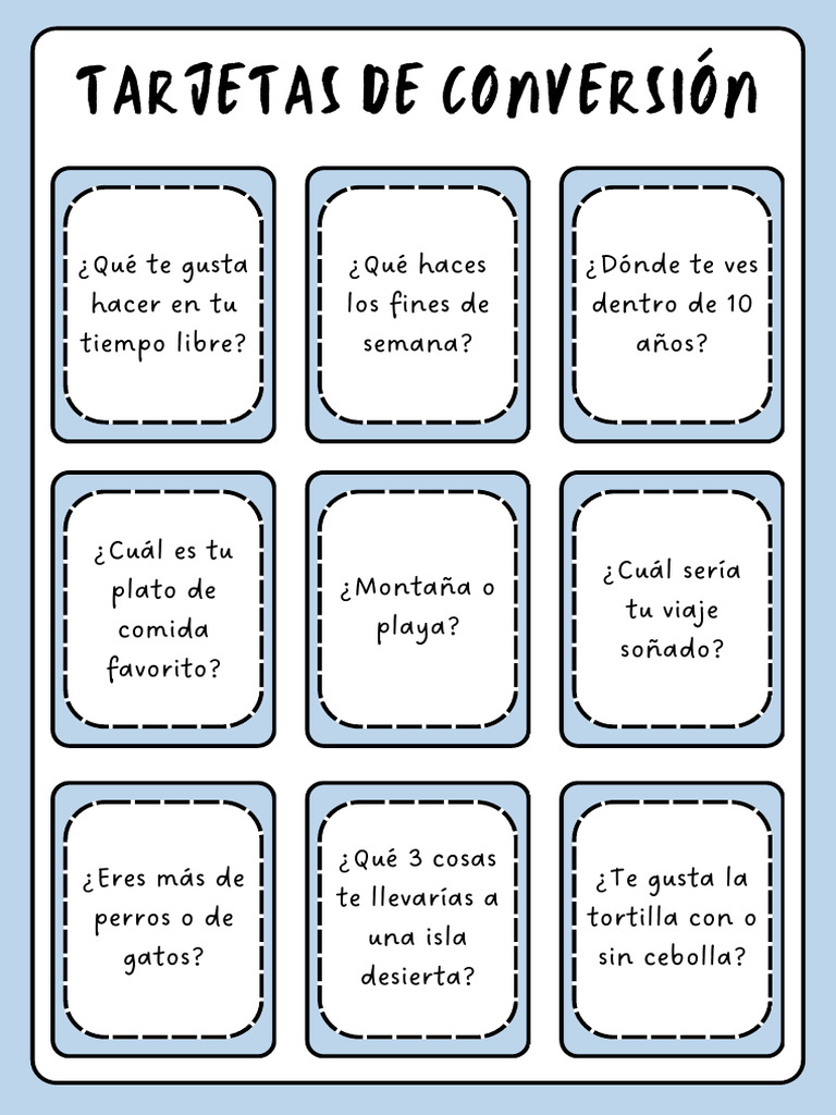 Documento A4 Tarjetas de Conversación Juegos Divertido Sencillo Azul | PDF