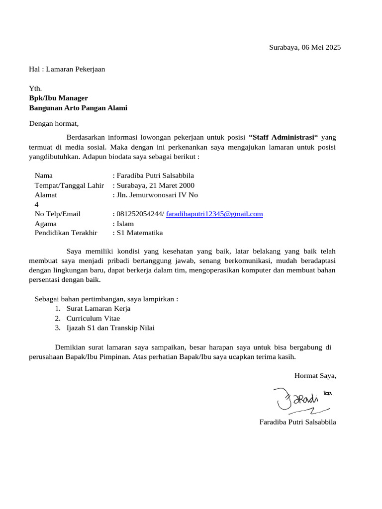 Surat Lamaran Admin Marketplace | PDF