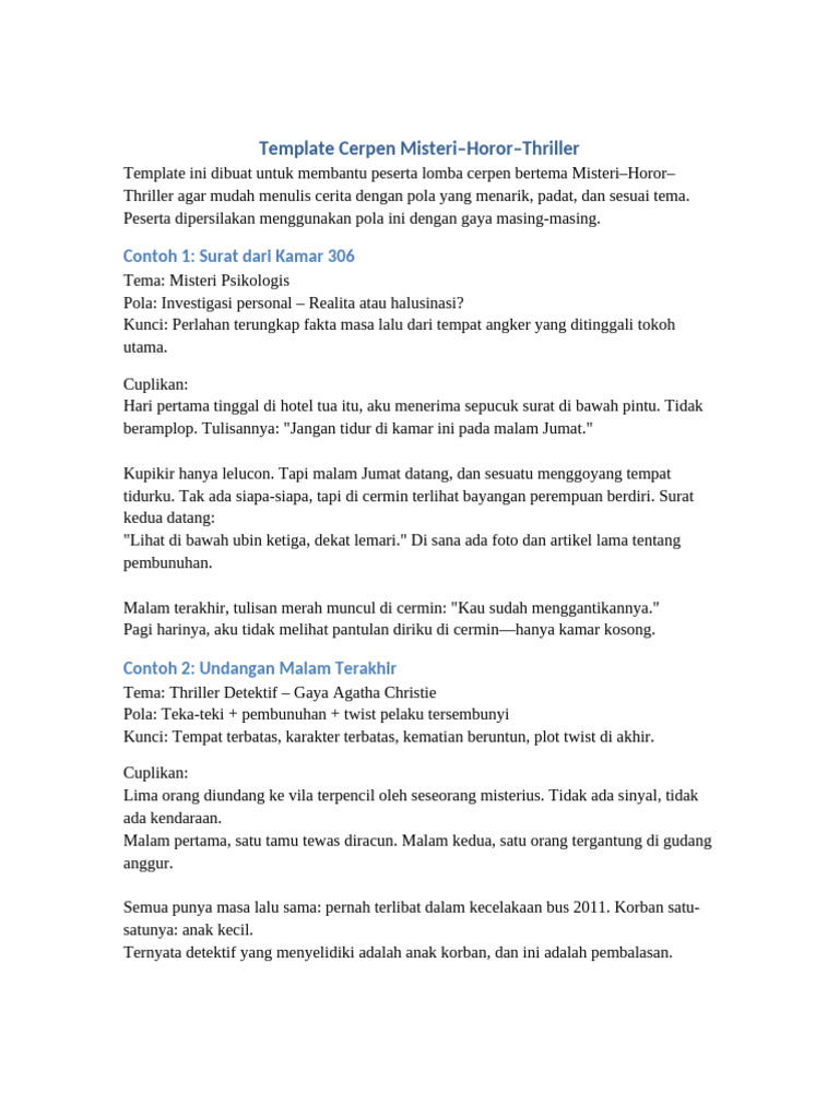 Template Cerpen Misteri-Horor-Thriller | PDF