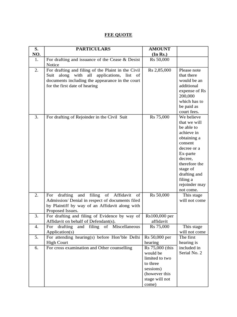 Fee Quote (Draft For Discussion) | PDF | Lawsuit | Justice