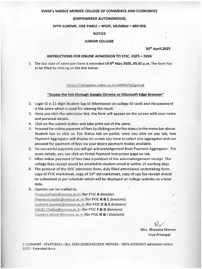 SYJC Admission Notice Extension - 2025-2026 | PDF