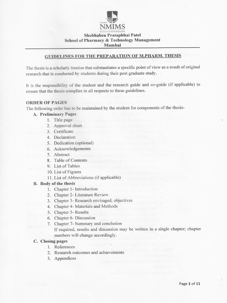 Guidelines For Preparation of M.Pharm Thesis - Research Work | PDF