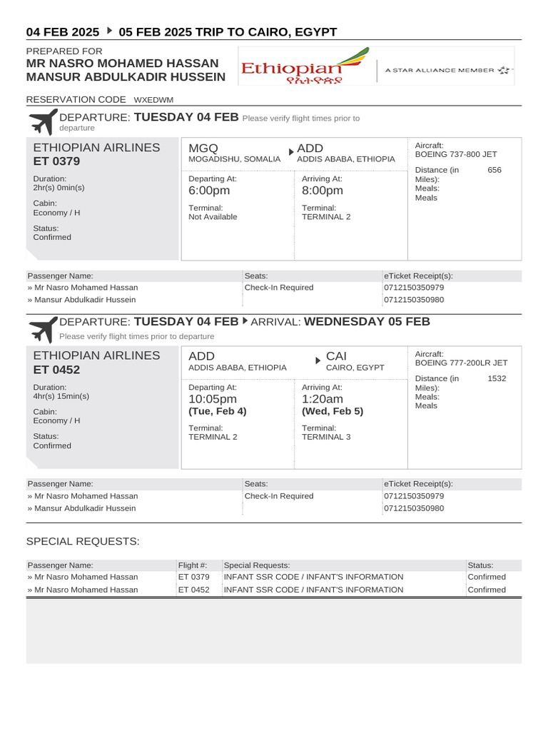 Travel Reservation February 04 For MR NASRO MOHAMED HASSAN | PDF ...